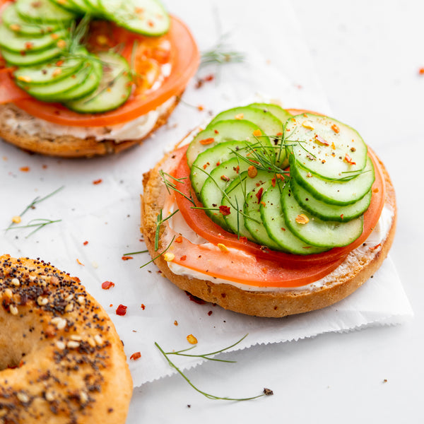 Tomato Cucumber Open Faced Pagels - Bedrock Bakers